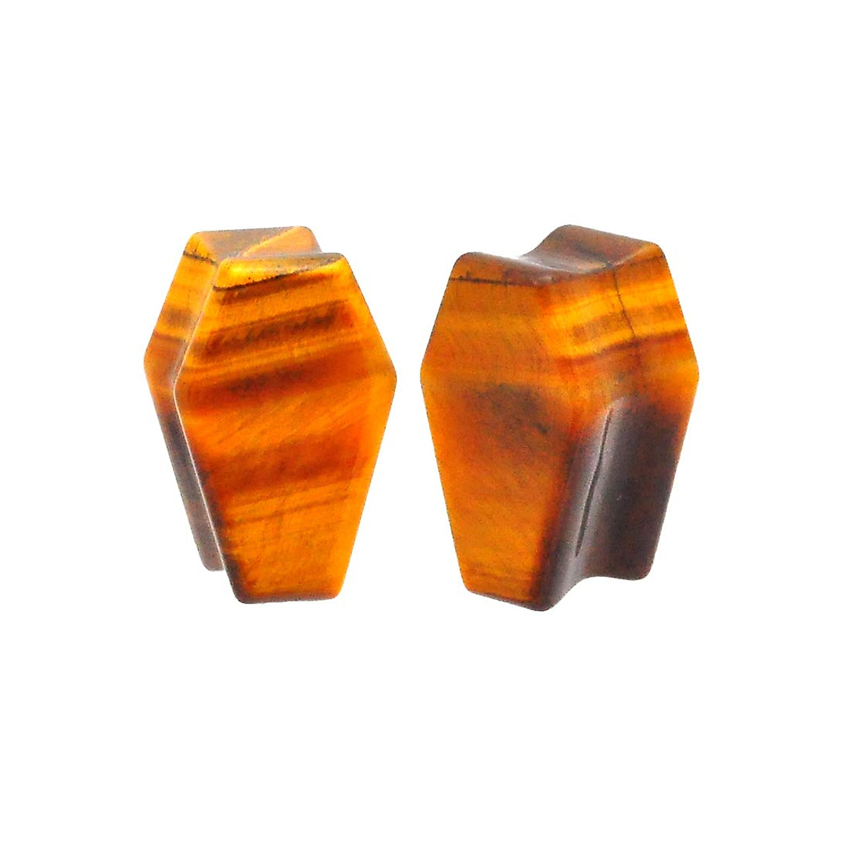 Mystic Metals Body Jewelry Pair of Tiger Eye Stone Coffin Shaped Double Flare Plugs (STN-639) (0g (8mm))
