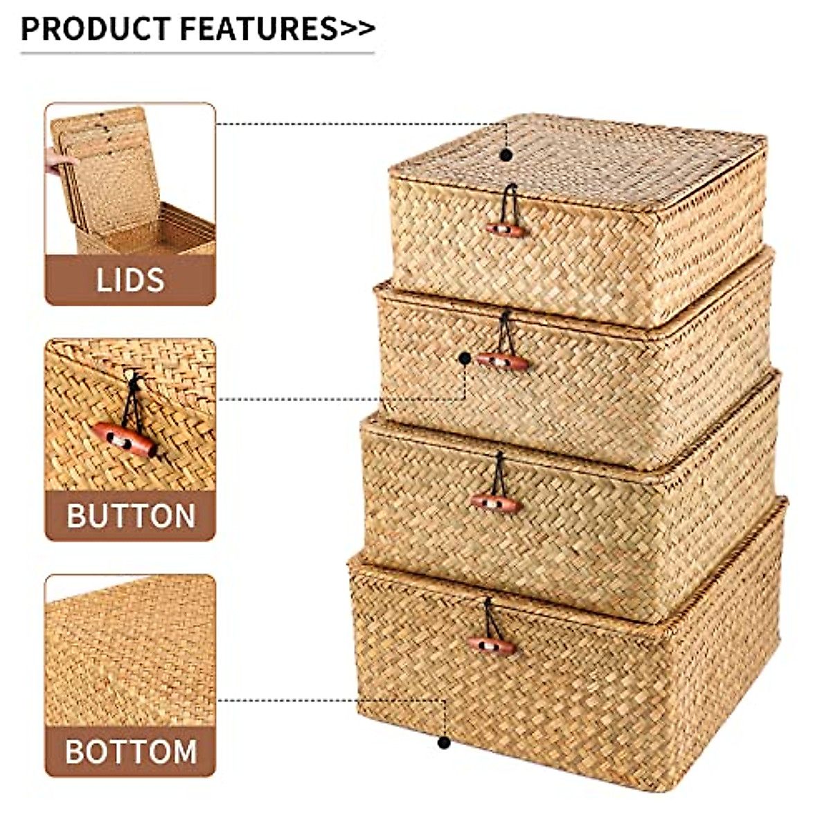 Ruosuruosu Cube Stackable Storage Bins Lids,Wicker Woven Storage Baskets Shelves,Set 4 Seagrass Storage Boxes,Rattan Storage Containers Organizing,Clothes,Toys,Books Cluttered Small Items Honey Brown