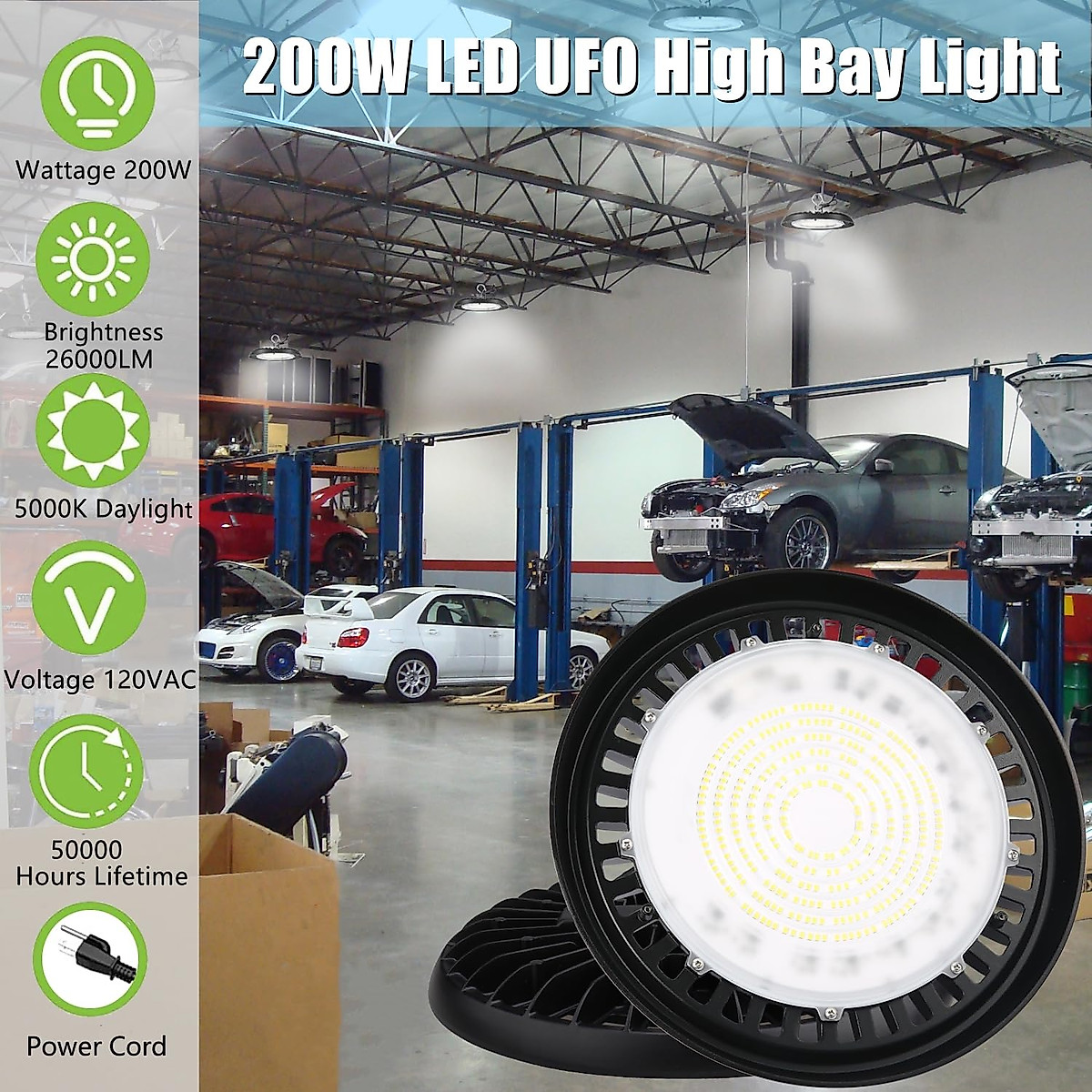 2 Pack LED High Bay Light with US Plug 6FT Cable, 120V 200W 26000LM 5000K Daylight, 800W-1000W HID/HPS Equivalent, UL IP65 Commercial Warehouse Lighting for Workshop,Garage, Gym,Factory, Non-Dim