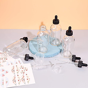HWASHIN 12 Pack 4oz Clear Glass Bottles with Glass Eye Droppers for Essential Oils, Perfumes & Lab Chemicals (1 Brush, 2 Funnels, 2 Extra Droppers, 24 Pieces Labels & 30ml Measuring Cup Included)