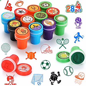 28Pcs Assorted Balls Stamps for Kids, Self Inking Football Basketball Rugby Golf Stampers for Party Favors Goody Bag Stuffers Classroom Club Rewards Party Treat Birthday Party(Ball Sports Style)