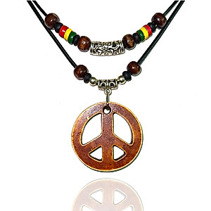 LAVIP Leather Peace Sign Pendant Double Layers Peace Symbol Brown Pendant Necklace Coconut wood Beads