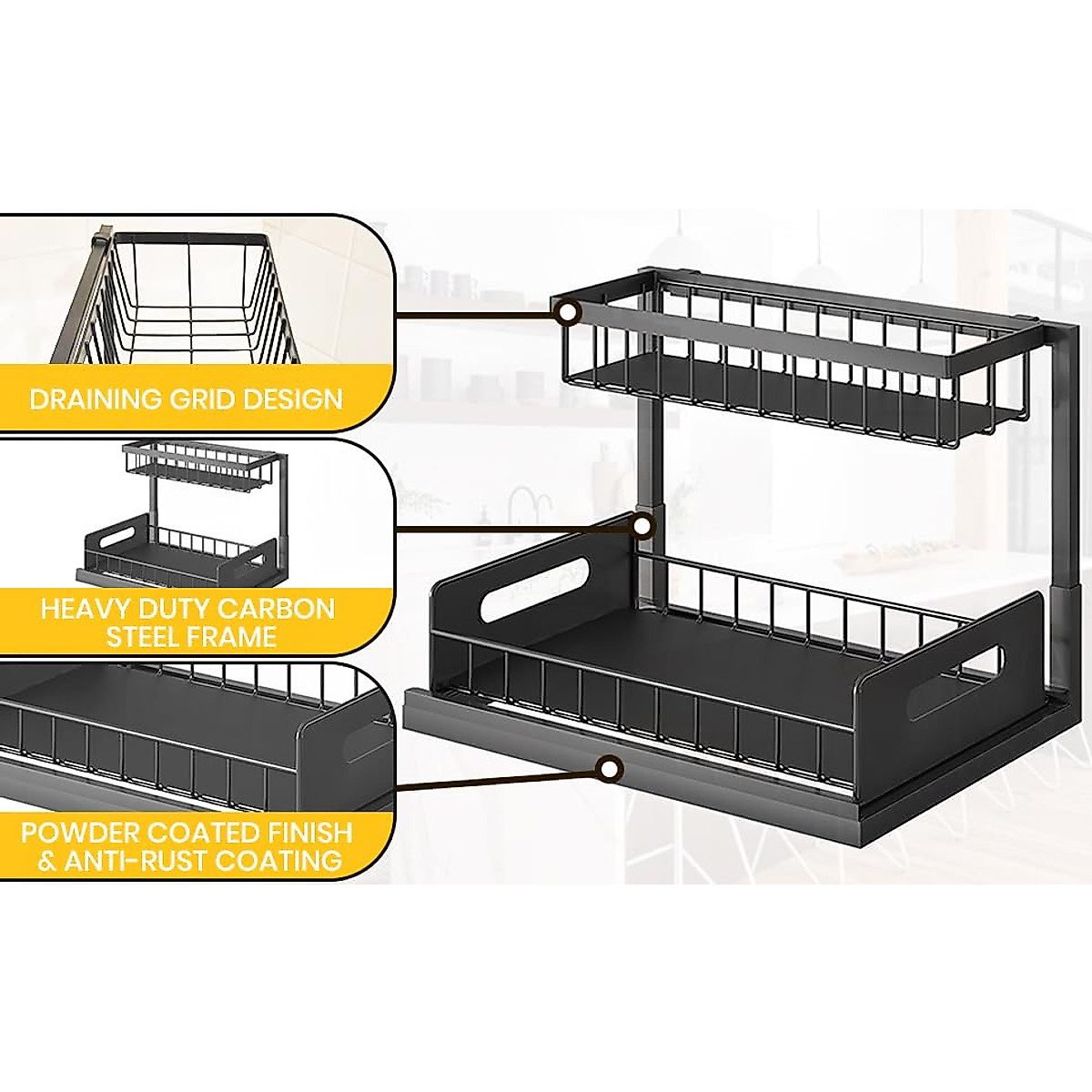 Under Sink Organizer, Pull Out Cabinet 2-Tier Sink Organizer for Small Bathroom Space for Home, Kitchen Laundry Room Organization, Bathroom Sink Shelf Cabinet Organizer, Rust-Resistant