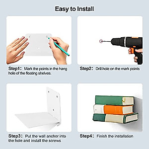 Fentec Invisible Floating Bookshelf, Wall Mounted Floating Bookshelves Heavy-Duty Book Organizers Hidden Book Shelf Metal Shelves Holder for Books Storage Bedroom Living Room Home Office, 4-Pack White