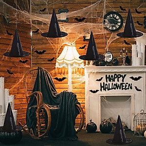 Halloween Witch Hats for Halloween Decoration, 8PCS Black Witch Hats, 32PCS 3D Bats, Black Witch Hats Hanging, Witch Cap Accessory for Halloween