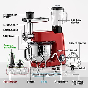 Stand Mixer, 6 IN 1 Multifunctional Electric Kitchen Mixer 660W 6 Speed with 7.4QT Stainless Steel Bowl, 1.5L Glass Jar, Meat Grinder, Dough Hook, Whisk, Beater, Sausage Kit, Food Mixer for Baking