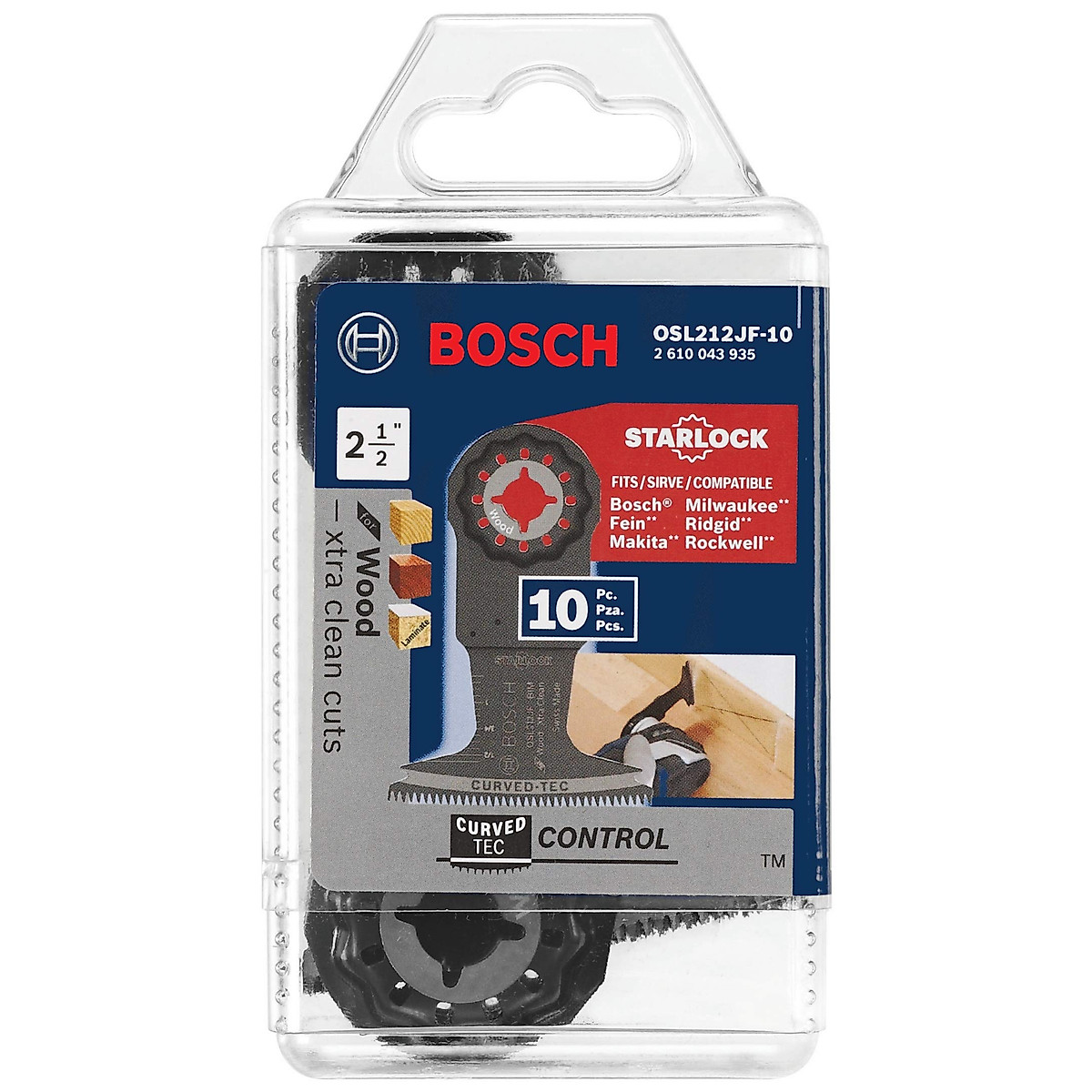 BOSCH OSL212JF-10 10-Pack 2-1/2 In. Starlock Oscillating Multi Tool Wood Curved-Tec Bi-Metal Xtra-clean Plunge Cut Blades for Applications in Cutting Hardwood