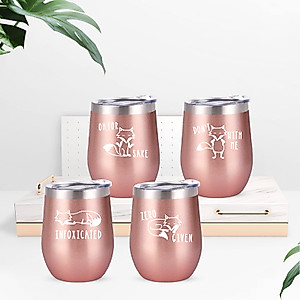 The Fox Series Wine Tumbler Set, 4 Pack, Infoxicated, Zero Fox Given, Oh for Fox Sake, Don't Fox with Me Wine Tumbler for Friends Mom Dad Wife Husband Sisters Family with Spoon, 12 Oz, Rose Gold