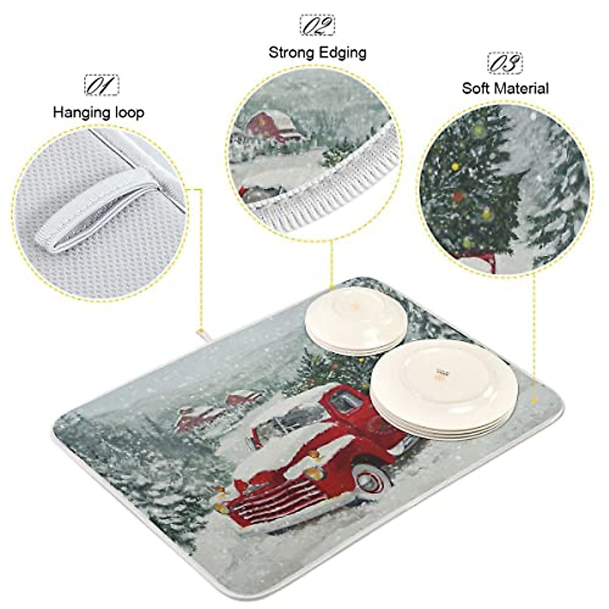 xigua Christmas Truck Dish Drying Mat for Kitchen Counter,Texture Ultra Absorbent Reversible Microfiber Dishes Drying Rack Pad Heat-resistant Mats 16x18in