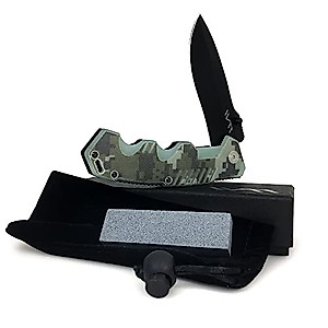 BGT Folding Pocket Knife 3.4 Inch Black Blade and Lightweight G10 Handle Survival Tool Knives Carry Velvet Bag, Sharpener (Camo)