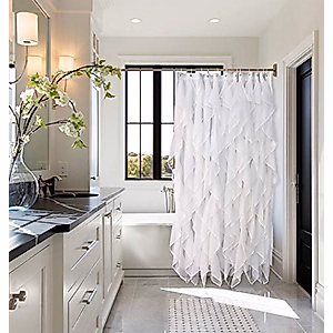 REISEN White Ruffle Shower Curtain Fabric/Cloth Farmhouse Bathroom Sheer Shower Curtain, 70in Long