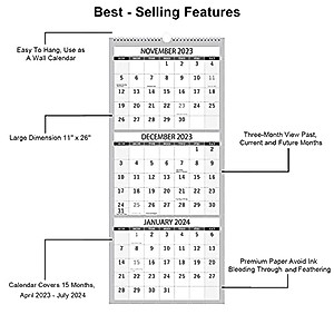 2023-2024 Wall Calendar – Apr.2023 - Jul.2024, 3 Month Calendar Vertical Display, 3-Month Wall Calendar 2023-2024, 11" x 26", Large Monthly Calendar, Lay- Flat, Holidays, Blocks, Perfect for Planning