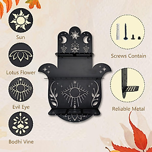 Hamsa Hand Crystal Display Shelf Metal Hamsa Wall Decor Floating Shelf Crystal Holder Spiritual Room Decor Shelf Evil Eye Decor Spiritual Decor Shelf for Stones Essential Oil Witch Decor Shelf