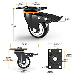 3 Inch Caster Wheels, Heavy Duty 3” Casters Set of 4 with Brake, TONSUM No Noise Polyurethane (PU) Wheels and Safety Dual Locking casters, Swivel Plate Castors (Two Hardware Kits)