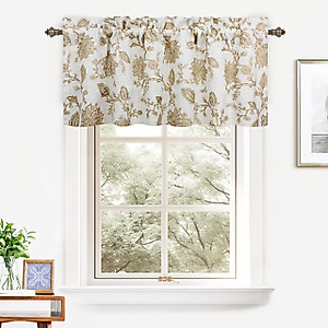 DriftAway Freda Floral Linen Blend Blackout Thermal Insulated Energy Saving Window Linen Curtain Valance Rod Pocket 2 Layers 2 Pack Each 52 Inch by 18 Inch Plus 2 Inch Header Sand