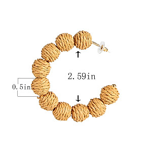 Exaggerated retro rattan big earrings lightweight geometric shape bohemian earrings handmade straw wicker woven big circle 925 silver hoop earrings for women and girls (Rattan Earrings)