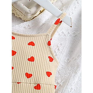 BOUTIKOME Toddler Baby Girl Valentine's Day Outfits Bell Bottom Romper Love Heart Strap Sleeveless One Piece Jumpsuit(Beige,4-5T)