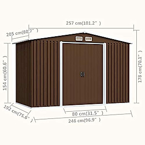 Festnight Garden Storage Shed with 4 Vents Metal Steel Double Sliding Doors Outdoor Tood Shed Patio Lawn Care Equipment Pool Supplies Organizer Brown 101.2 x 80.7 x 70.1 Inches (W x D x H)