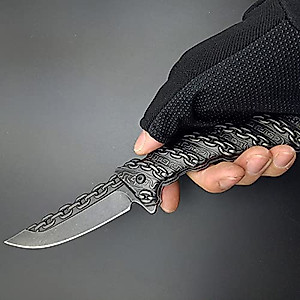 Stonewashed Pocket Knife - Chain Carved - Utility Fold Knife