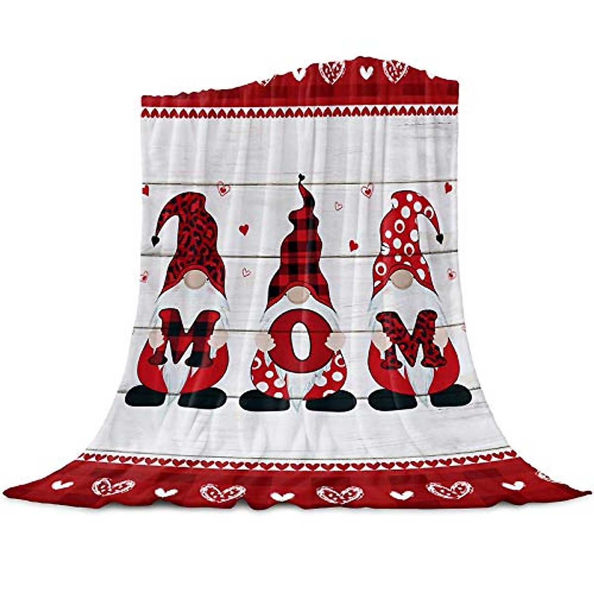 Flannel Fleece Throw Blanket Mother's Day Mom Heart Gnome 40x50 inches Reversible Soft Cozy Bed Blanket Red Check Wood Plank Microfiber Fluffy Lightweight Throw Blanket for Bed Couch Sofa Chair