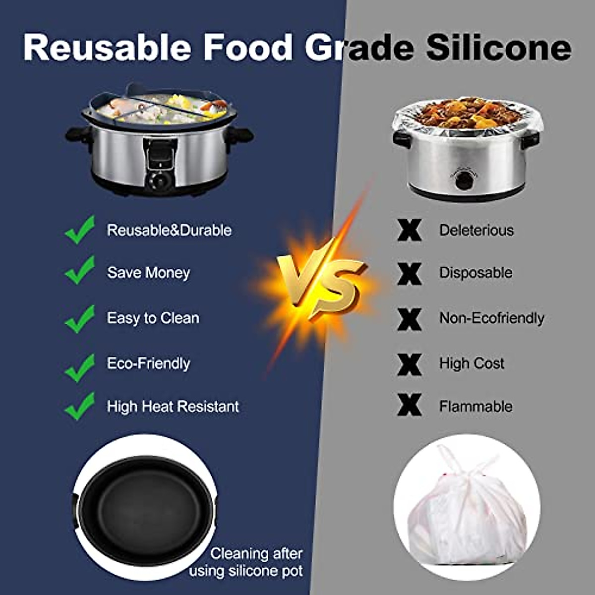 Slow Cooker Liners,blueear 3 in 1 Reusable Silicone Slow Cooker Divider Liner,Slow Cooker Accessories For Most 6 QT Slow Cooker