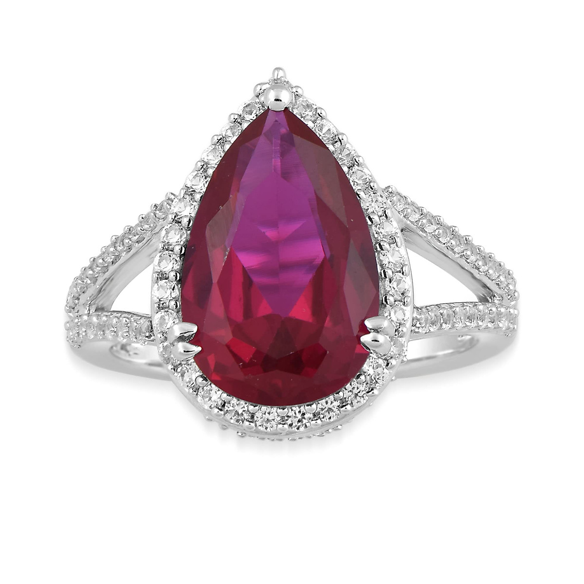 Jewelili Sterling Silver 14x9mm Pear Created Ruby and Round Created White Sapphire Teardrop Halo Ring, Size 8