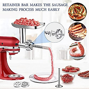 Metal Food Grinder Attachment for KitchenAid Stand Mixers, BQYPOWER Meat Grinder Attachment Included 2 Sausage Stuffer Tubes, 3 Grinding Blades, 3 Grinding Plates