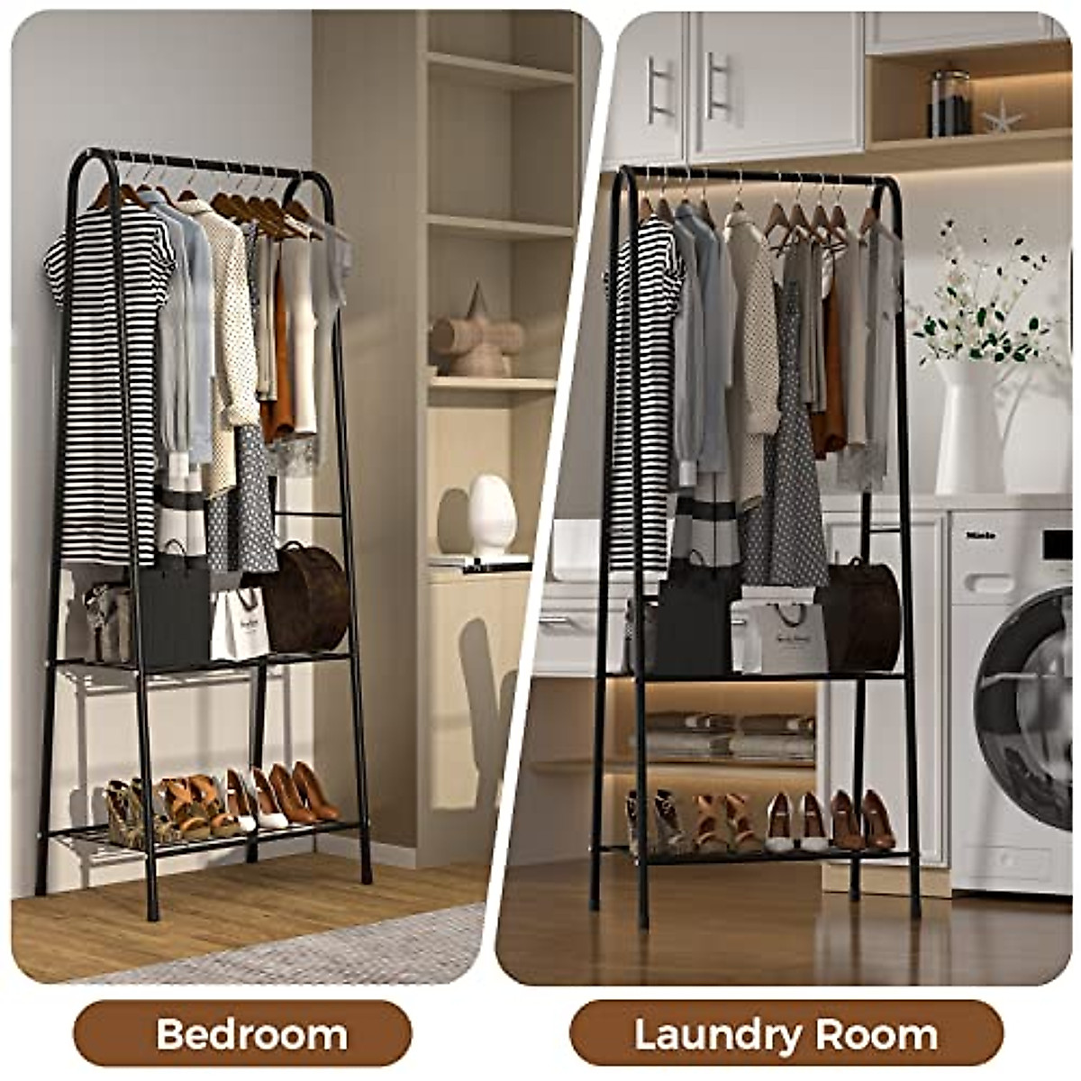 JEROAL Clothing Garment Rack, Coat Organizer Storage Shelving Unit, Entryway Storage Shelf with 2-Tier Metal Shelf, Black