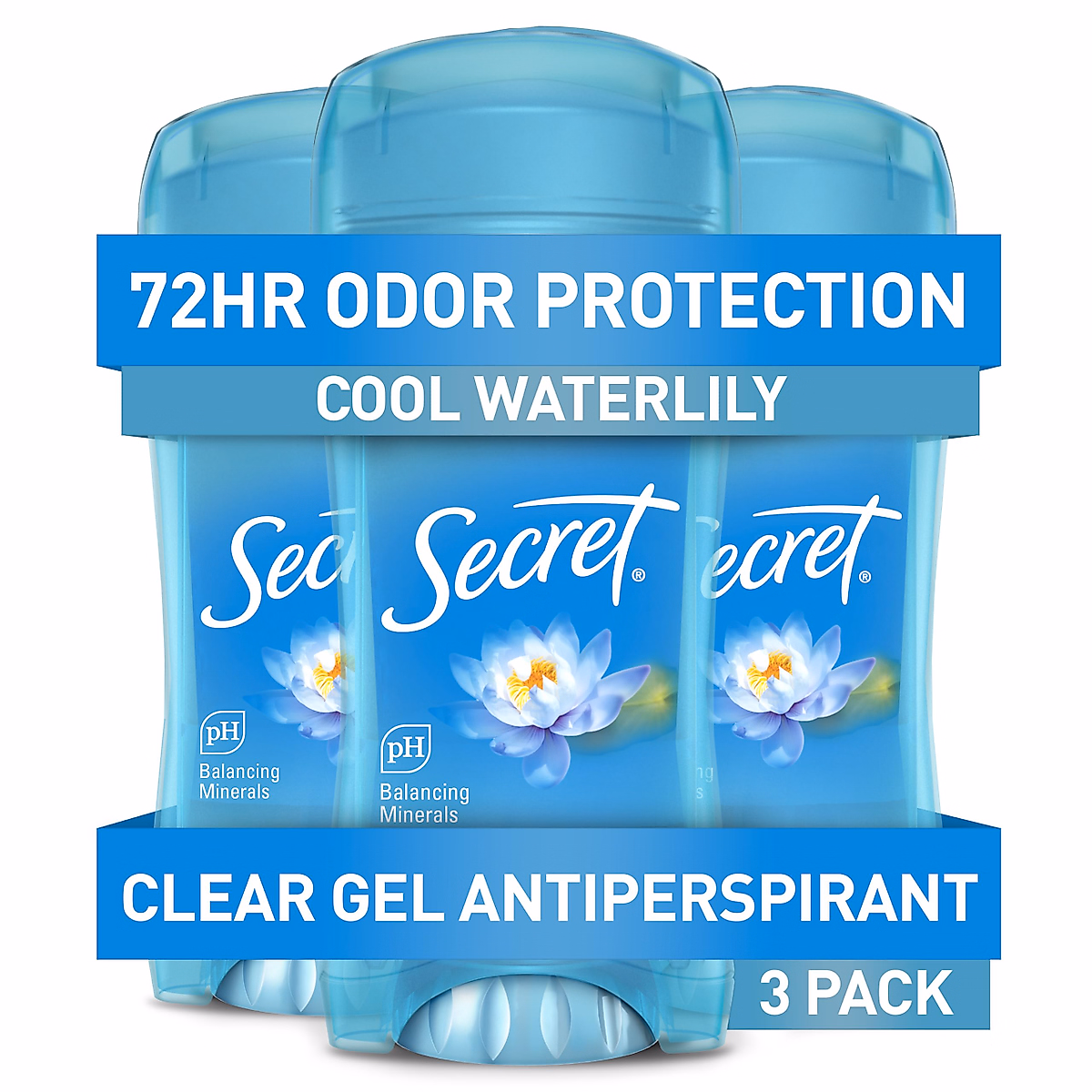 Secret Fresh Antiperspirant Deodorant for Women, 72hr Breathable Sweat & Odor Protection, Instant Freshness & Gentle, PH Balancing Minerals, Clear Gel, Cool Waterlily Scent, 2.6 oz (Pack of 3)