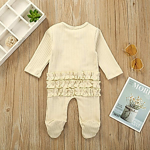 Lelloing Newborn Baby Boy Long Sleeve Romper Infant Girls Solid Color Footed Onesie Ribbed Jumpsuit Unisex Basic Pajamas(Pajama-Beige,0-3M)