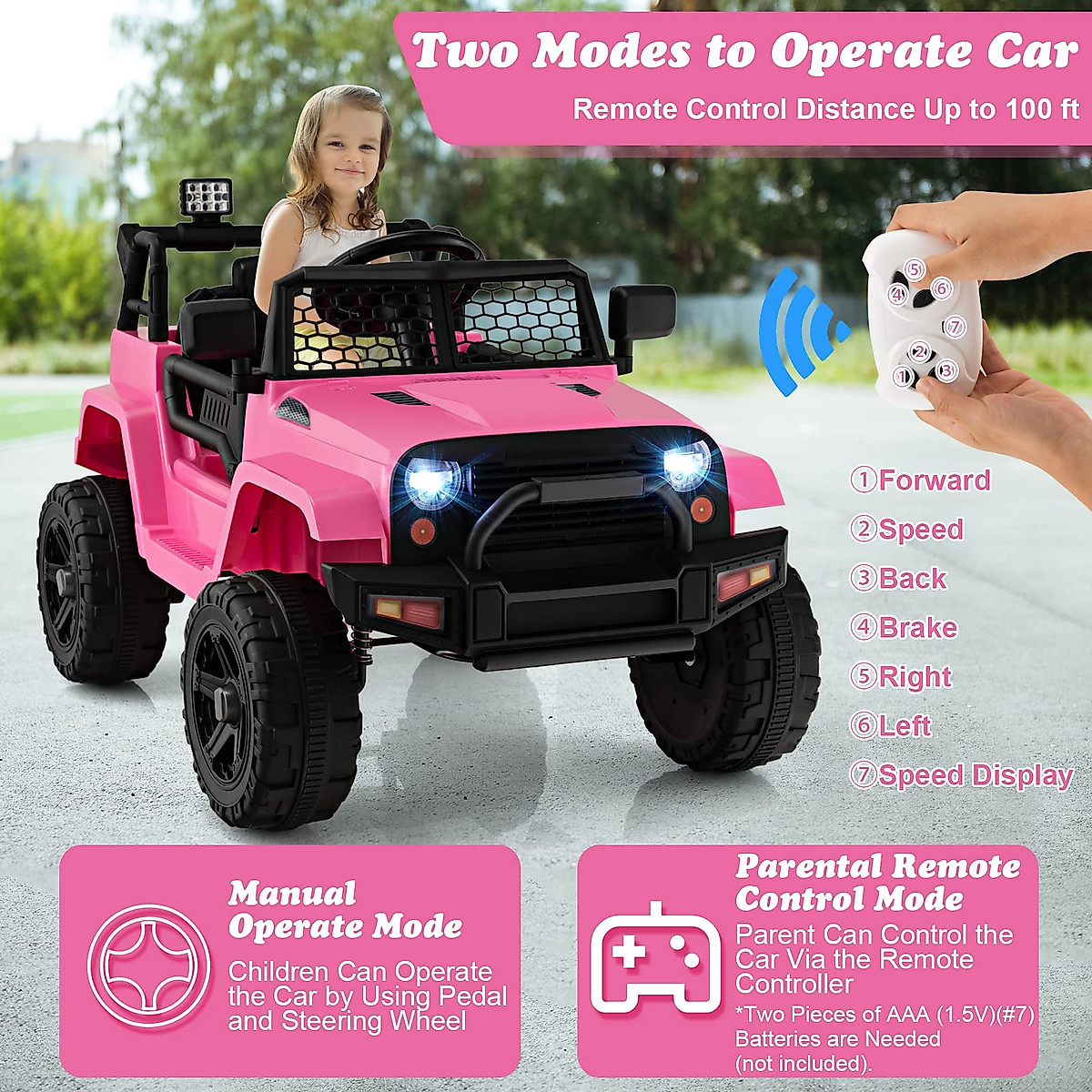 GLACER 12V Kids Ride On Car, Electric Vehicle Jeep w/Parental Remote, Music, Horn, Headlights, Slow Start Function, Spring Suspension, Vehicle Toy Car for Boys & Girls Over 3 Years Old (Pink)