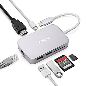 MINIX 7 in 1 USB-C Multiport Adapter with GLAN,4K @ 60Hz,2X USB 3.0, USB-C for Power Delivery, Micro SD and SD Card Readers, Compatible with macOS, iPadOS and Windows 10 OS. (Space Gray)
