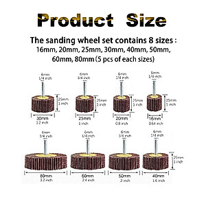 40 Pack 1/4" Abrasive Flap Wheel Sander Set, Rocaris 80 Grit Aluminum Oxide Flap Wheels Cylindrical Shape Sanding Wheel, 8 Sizes