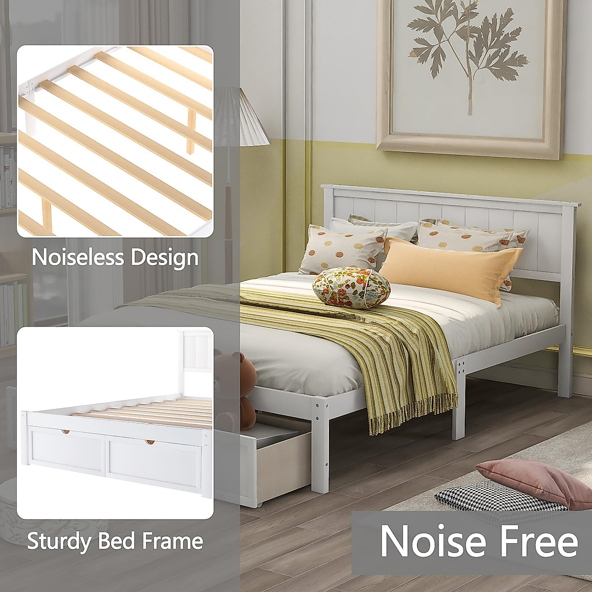 Twin Size Country Wooden Platform Bed Frames with Large Storage Drawers/Headboard, Modern Simple Platform Bed with Solid Wood Slat for Bedroom Small Living Space Boys Girls, Under Bed Storage, White