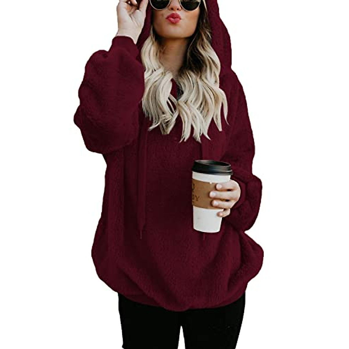 ReachMe Womens Oversized Sherpa Pullover Hoodie with Pockets Fuzzy Fleece Sweatshirt Tie Dye Fluffy Coat(A Burgundy,M)