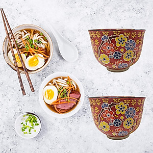 Needzo Red Floral Bowl with Chopsticks Holder and Wood Chopstick Set, Dish for Ramen, Pho, Soup, 5 x 4 Inches