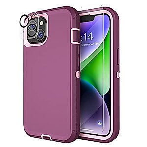 MXX Case for iPhone 13, with Tempered Glass Screen Protector,Camera Lens Protector 3-Layer Full Heavy Duty Body Bumper Cover Shockproof Protection Dustproof, for iPhone 13 6.1" (Plum/Light Pink)
