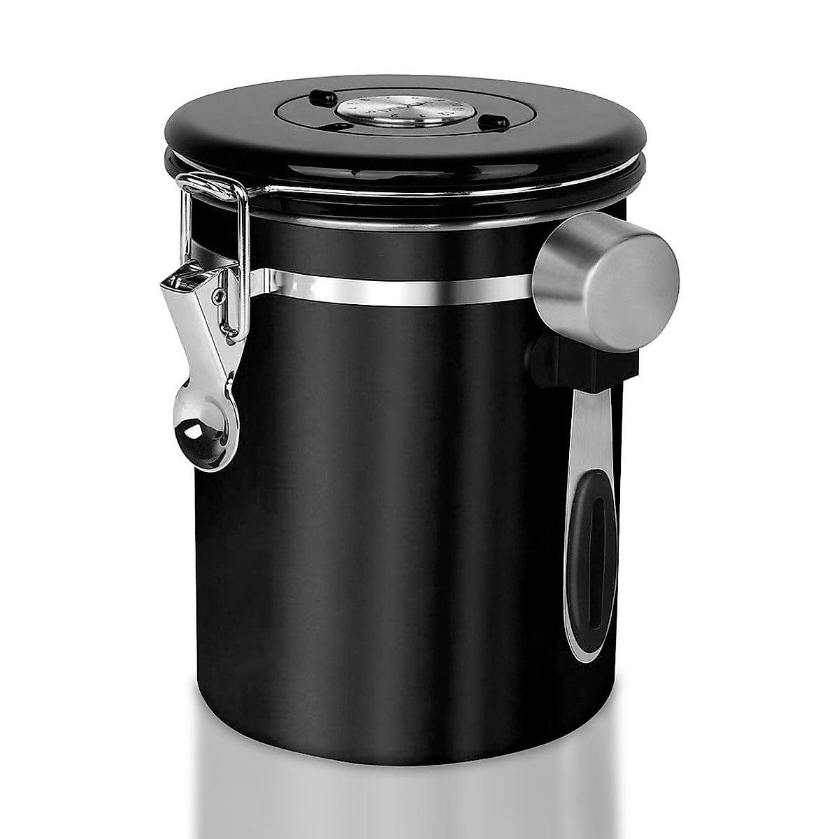 Chef's Star Coffee Canister, Airtight Coffee Container for Ground Coffee with Scoop - Stainless Steel Built In Valve, Date Tracker - For Tea, Flour, Cereal, Sugar, Coffee Bean Storage, 21 Oz, Black