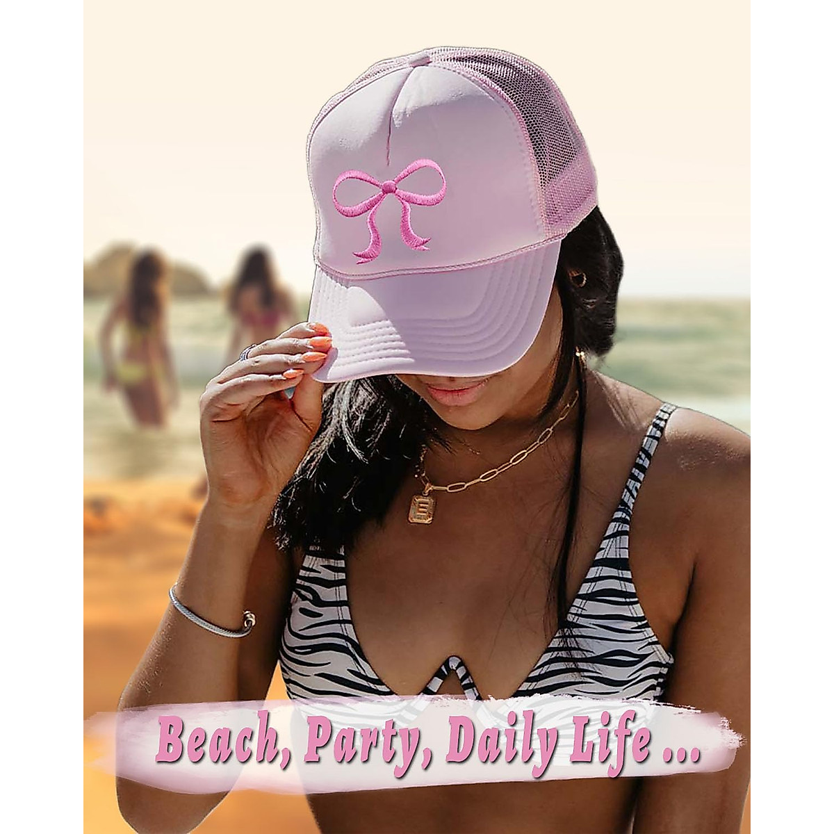 HENWASAI Womens Bow Embroidered Trucker Hat Trendy Mesh Baseball Cap Adjustable Snapback Cap Summer Girls Rope Hat (Pink)