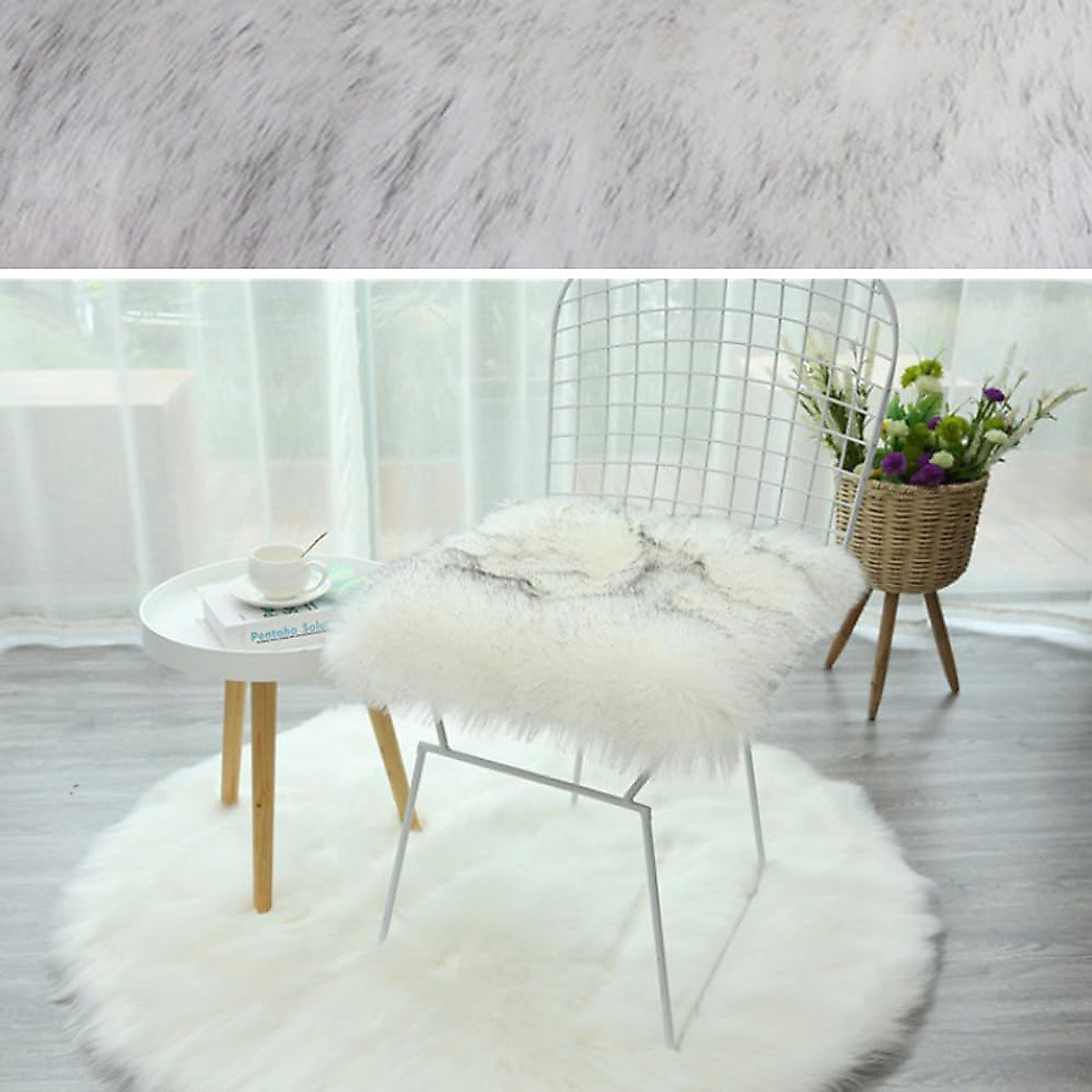 ZuTKekon Faux Fur Sheepskin Square Chair Cover Seat Cushion Pad, Luxurious Wool Area Rugs Fluffy Floor Mat for Living Sofa, Photographing Background Office Home Decor Carpet (White Grey,1.1 x 1.1Ft)