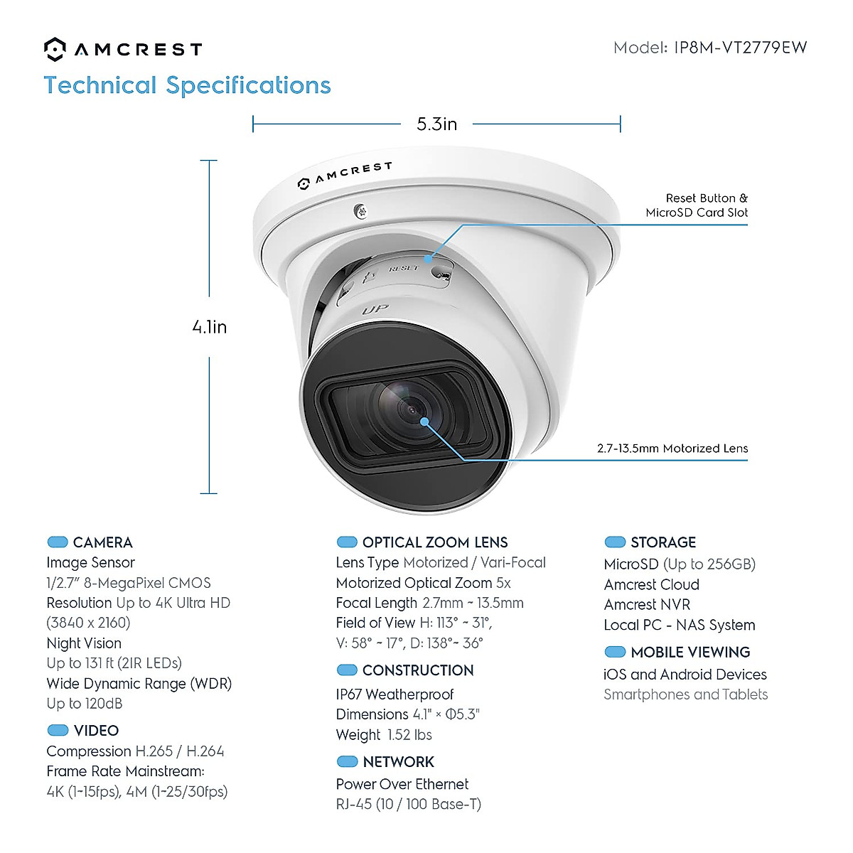 Amcrest 4K Optical Zoom IP Camera, Varifocal 8MP Outdoor POE Camera Turret, Security Camera, 2.7mm~13.5mm Lens, IP67 Weatherproof, MicroSD Recording (IP8M-VT2779EW)