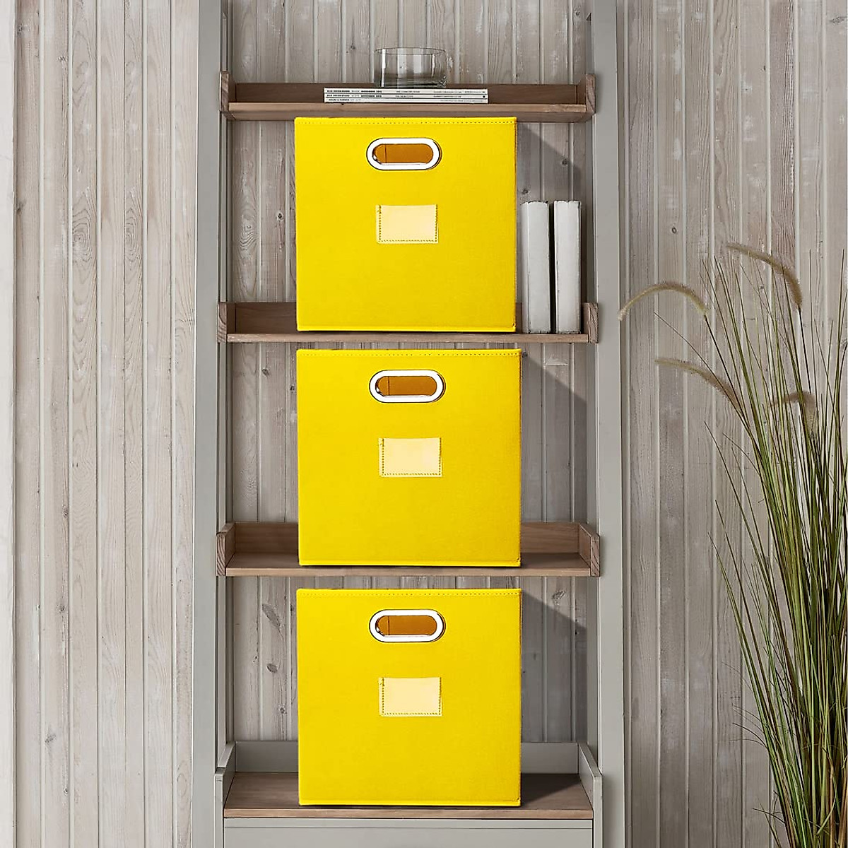 Robuy Cube Storage Bins,13 inch Storage Bin,4-Pack Yellow Storage Boxes with Dual Metal Handles for Organizing Shelves,Closet,Nursery,Home