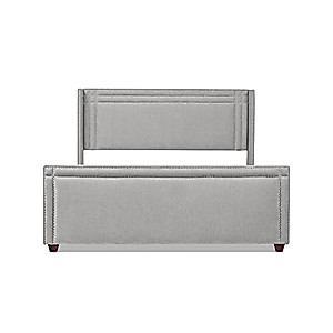 Jennifer Taylor Home Elle Collection Modern Upholstered King Size Bed Frame, Nailhead Trim, Silver Gray
