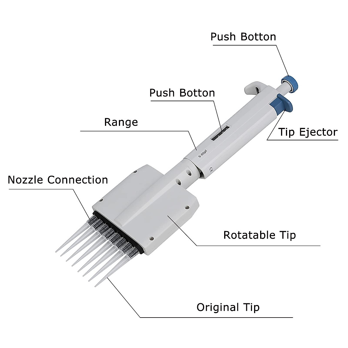 8-Channel Multichannel Pipett Adjustable Pipettor Micro Pipette High-Accurate 5-50μl + 8 Tip