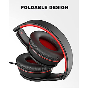 ELECDER i45 On-Ear Headphones with Microphone - Foldable Stereo Bass Headphones with No-Tangle 1.5M Cord, 3.5MM Jack, Portable Wired Headphones for School/Kids/Teens/Smartphones/Travel/Tablet - Red