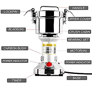 Homend High Speed 700g Electric Grain Mill Grinder Powder Machine Spice Herb Grinder 2500W 70-300 Mesh 36000RPM Stainless Steel Commercial Grade for Kitchen Herb Spice Pepper Coffee (700g)