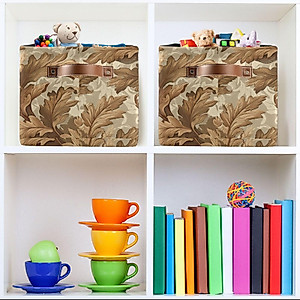 Generic Tan Oak Leaves Storage Bins 2PCS, Small Storage Cubes with Handle, Cloth Storage Basket Decor, Shelves Organizer Bins for Toy, Book, Blanket