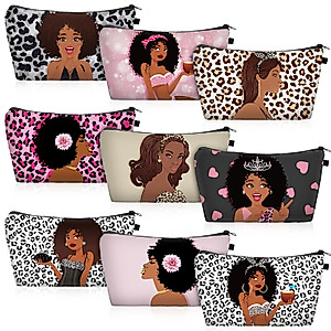 Chunful 9 Pcs Black Women Makeup Bag African American Make up Pouch Bags Canvas Travel Cosmetic Bags for Women Queen Zippered Toiletry Bag Reusable Multi Purpose Organizer for Adults (Stylish Style)