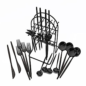 Uniturcky 24 Piece Hanging Flatware Set, Stainless Steel Family Kitchen Utensil Set with Rack, Cutlery set for 6 with Holder, Silverware Sets with Holder, Hanging flatware set, Mirror Polished(Black)