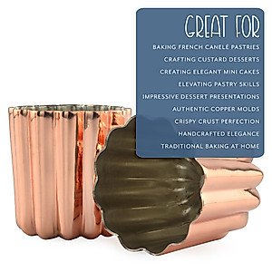 Darware Copper Canelle Pastry Molds (4-Pack); 2-Inch Bordeaux French Custard Cannele Cake Traditional Pastry Baking Molds with Heat-Conducting Copper